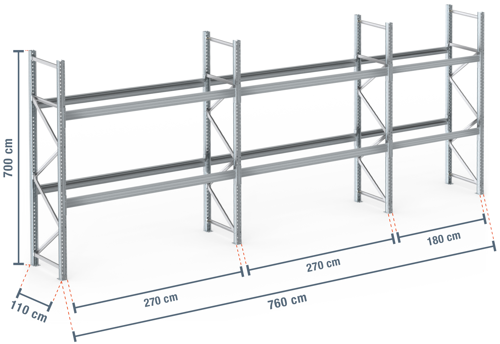 7,6 m pallet rack PR9000F galvanised / 110 cm deep / 7 m high / 2 ...