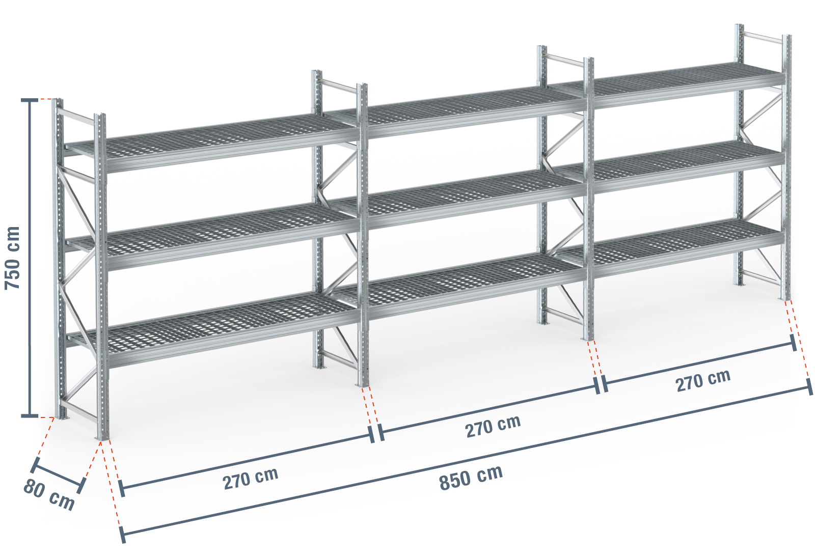 8,5 m pallet rack PR9000F galvanised / 80 cm deep / 7,5 m high / 3 ...