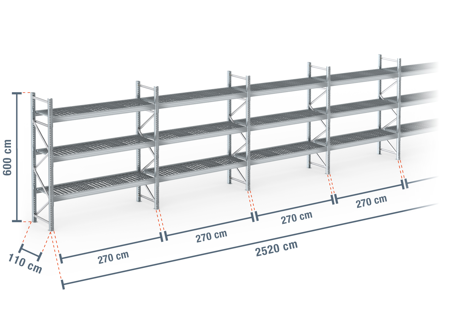 25,2 m pallet rack PR9000F galvanised / 110 cm deep / 6 m high / 3 ...