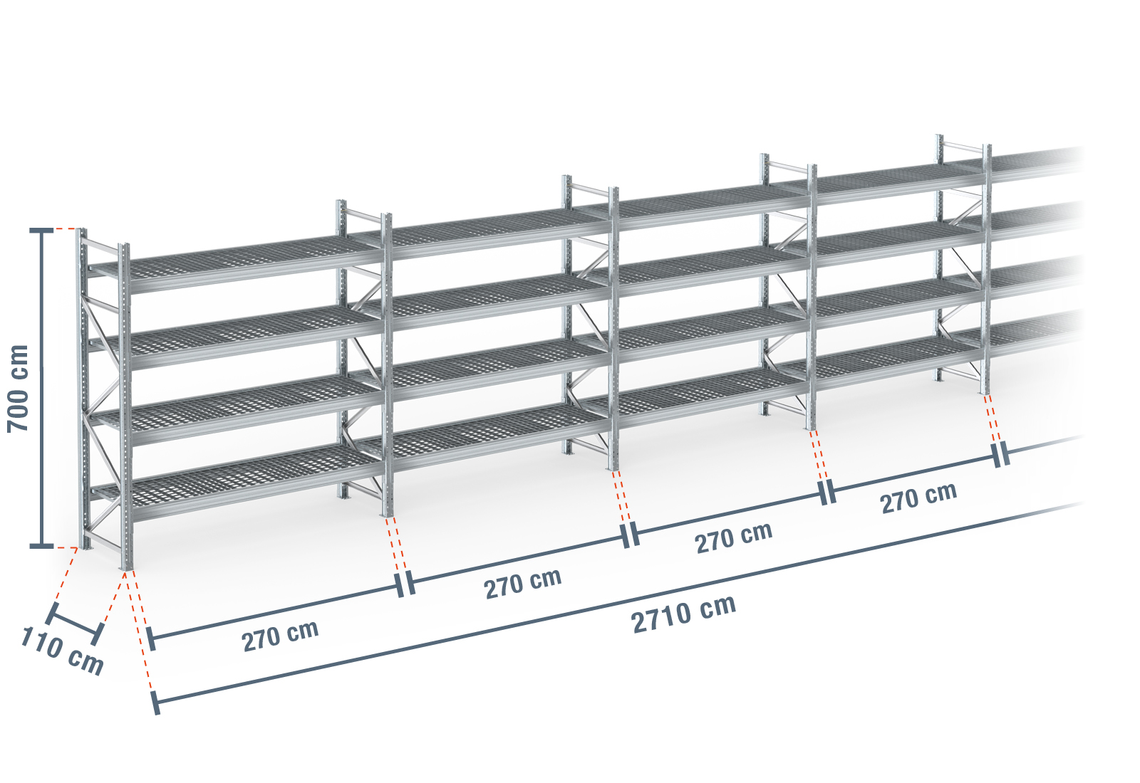 27,1 m pallet rack PR9000F galvanised / 110 cm deep / 7 m high / 4 ...