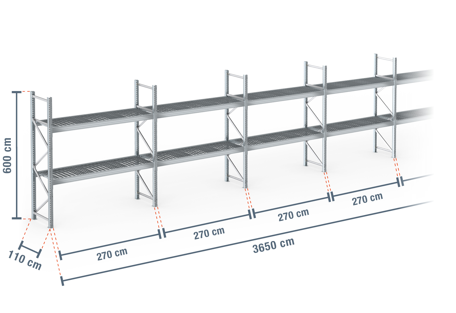 36,5 m pallet rack PR9000F galvanised / 110 cm deep / 6 m high / 2 ...