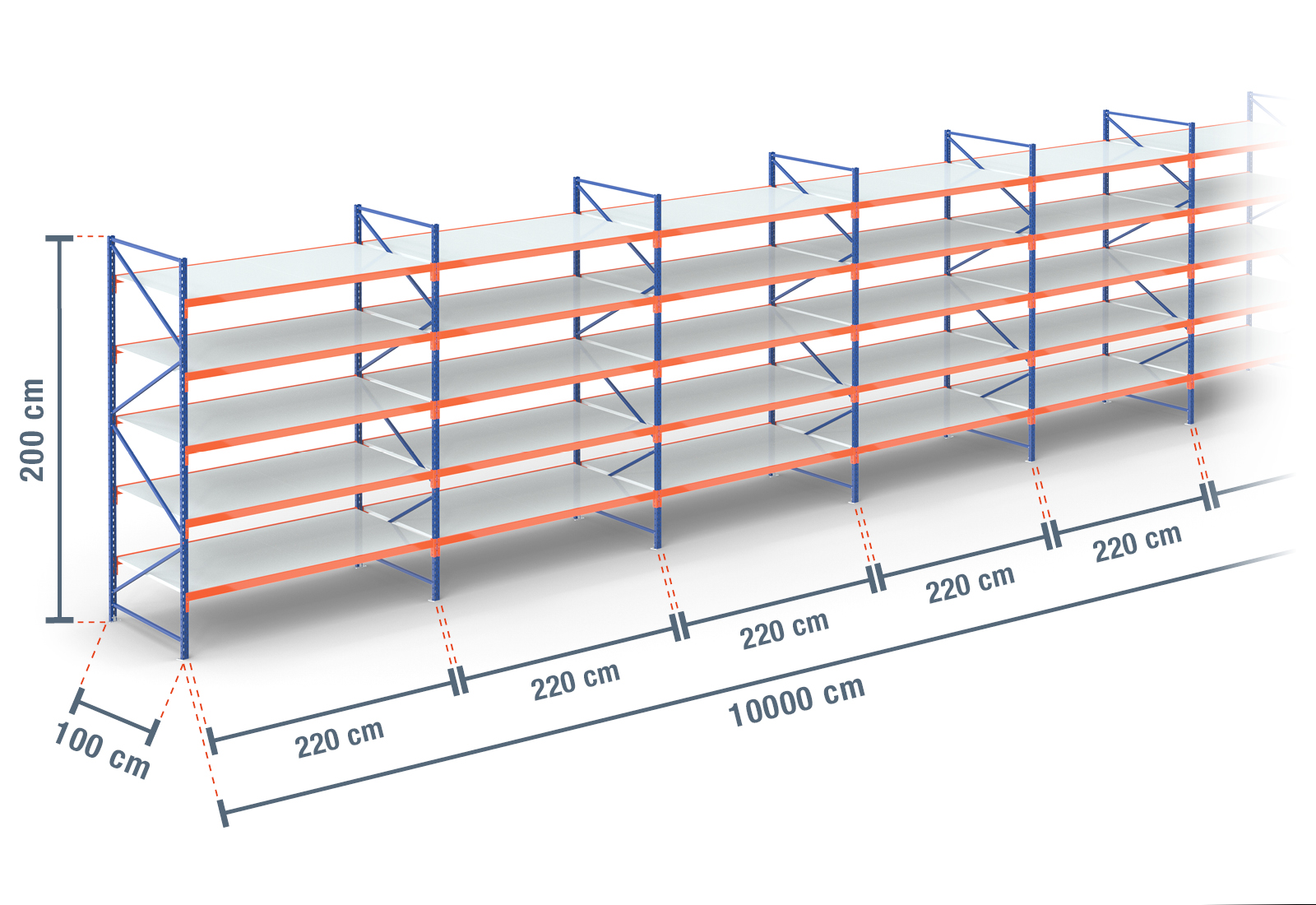 100 m storage rack LR2000 / 100 cm deep / 2 m high / 5 levels / rack ...