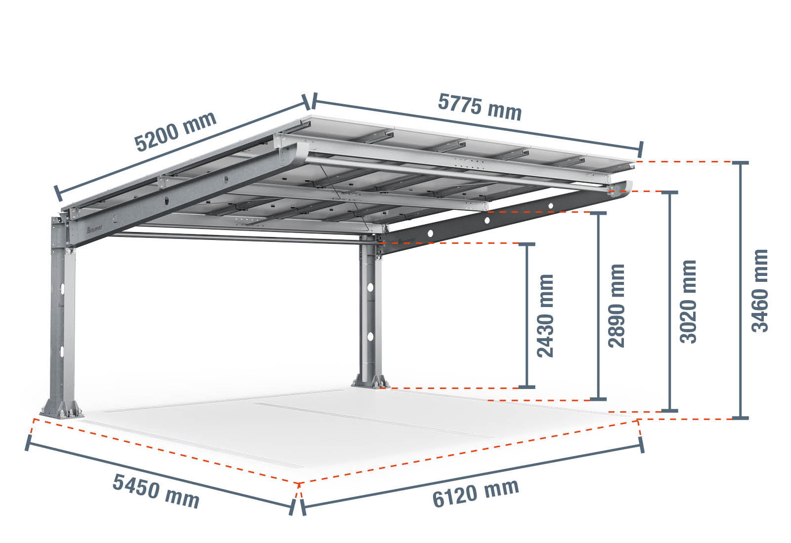 Car park canopy PP2-G6300-1, one-sided, base field with 15 solar ...